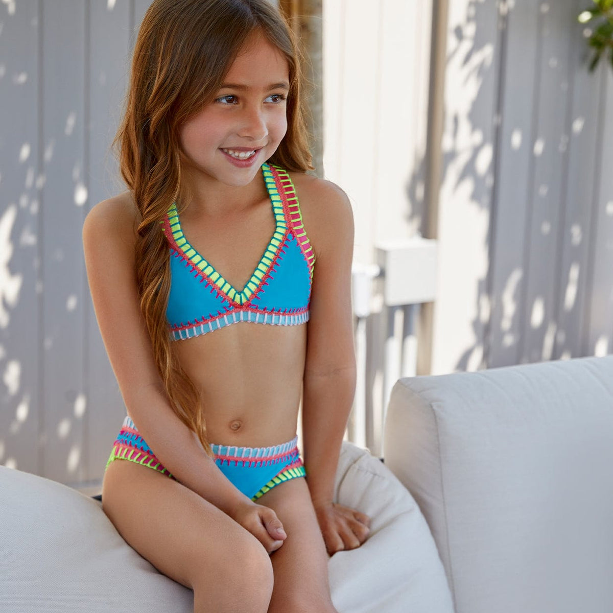 Kids Turquoise Rainbow Embroidered Bikini Kids Swim Pq Swim